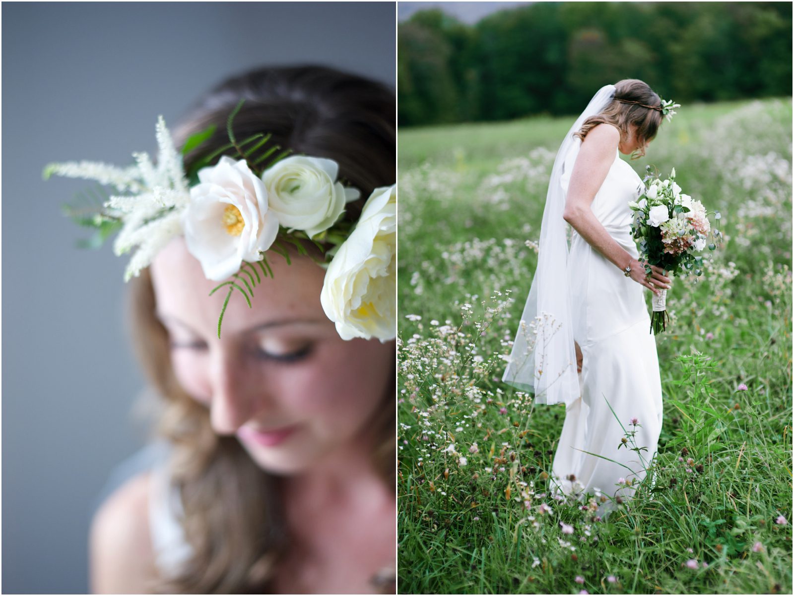 field wedding bride wearing flower crown